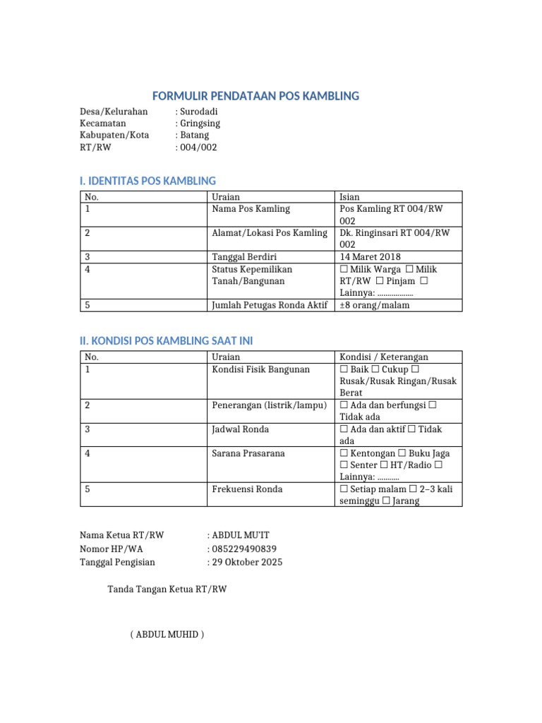 Formulir Pendataan Pos Kamling 1 | PDF