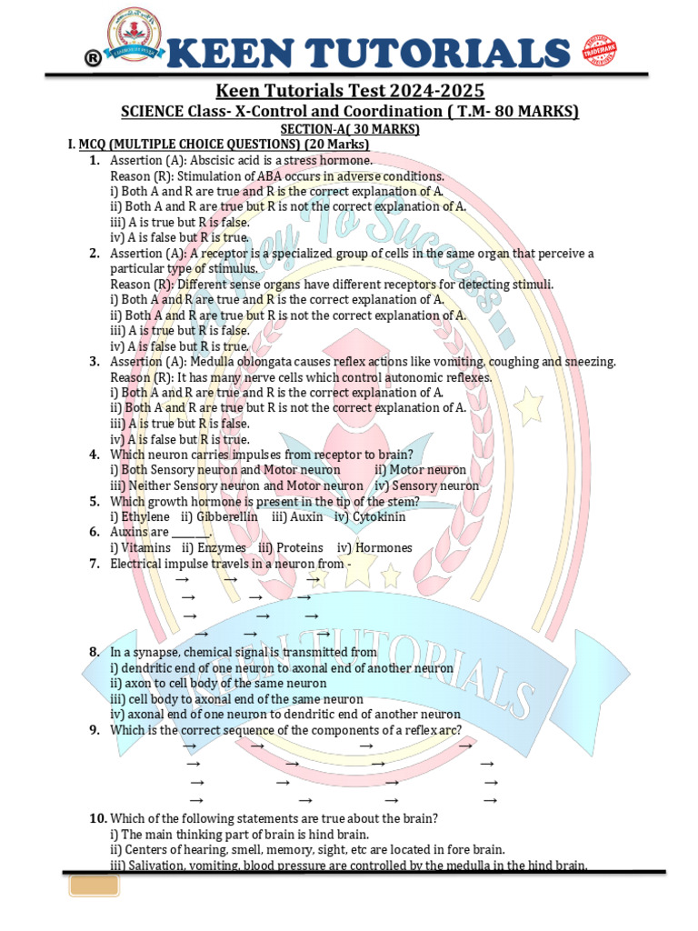 KT Test Class X Science -Control and Coordination 2024-25 | PDF | Plant ...