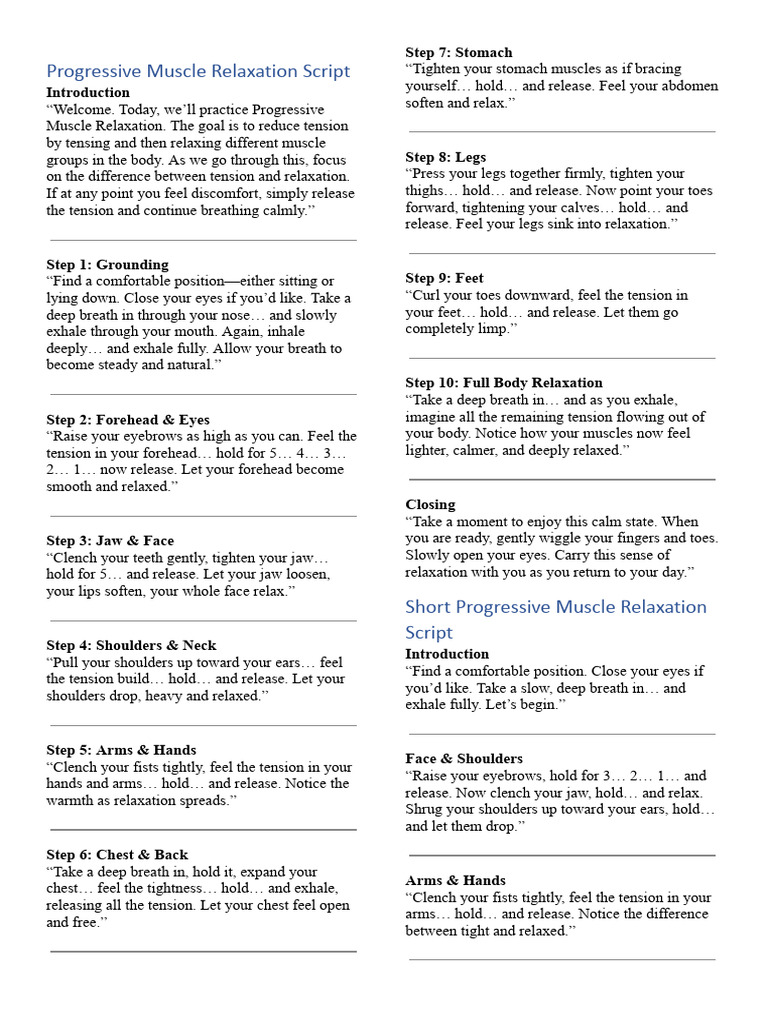 Progressive Muscle Relaxation Guide | PDF | Breathing