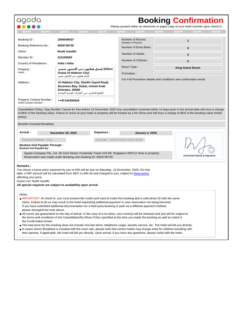 Confirmation For Booking ID # 1956546037 | PDF