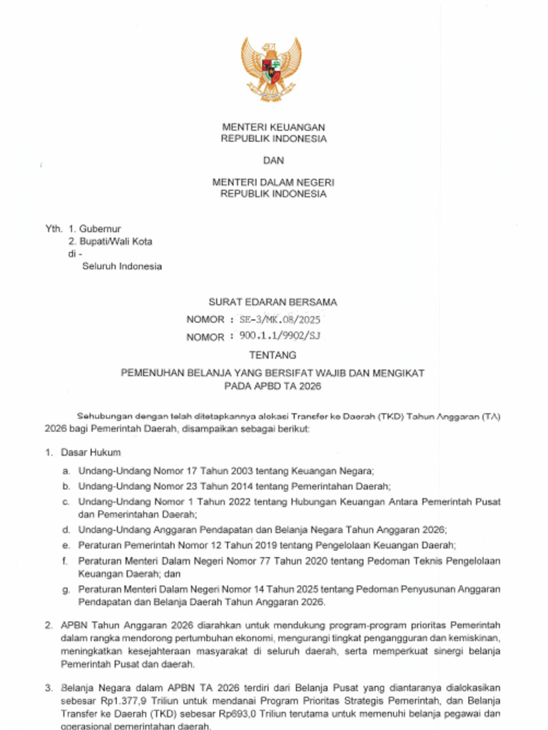 Seb Menkeu Dan Mendagri Ttg Pemenuhan Belanja Yang Bersifat Wajib Dan ...