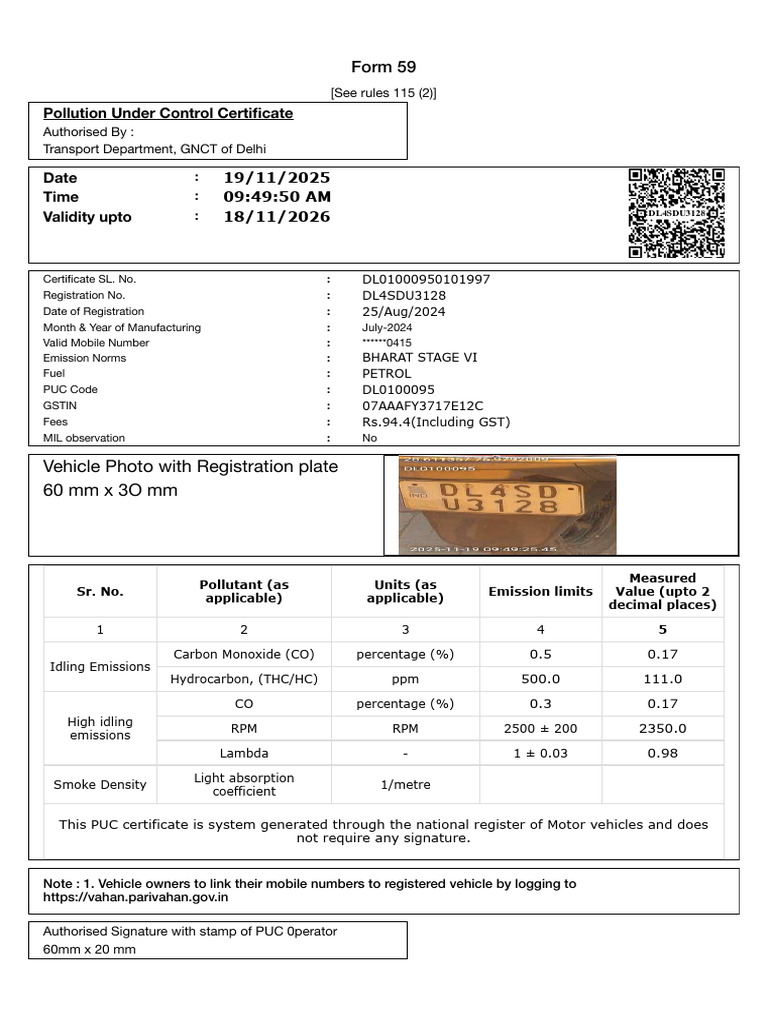 Pollution Under Control Certificate Details | PDF | Exhaust Gas ...