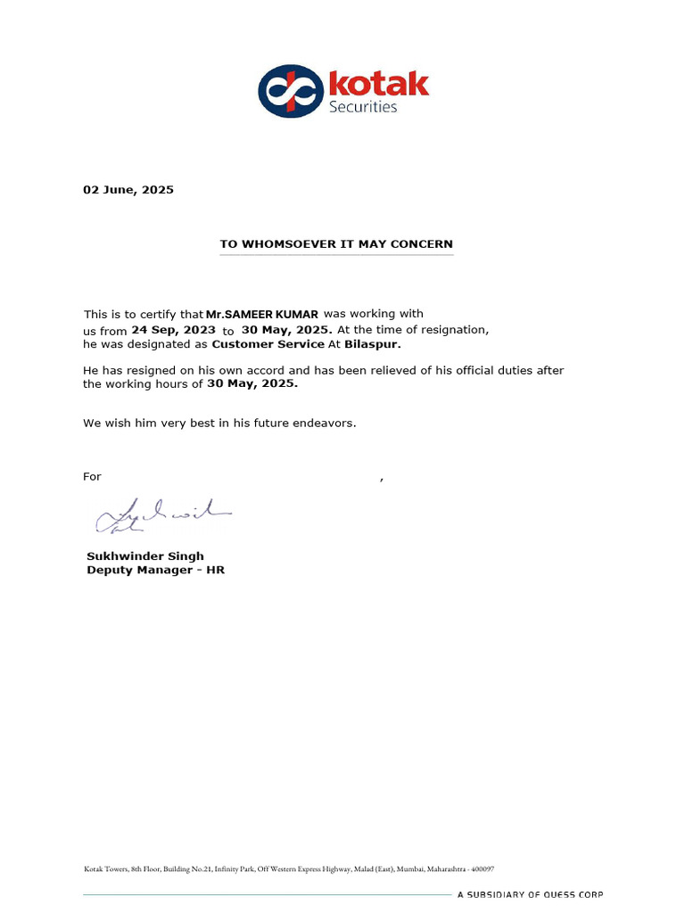 Resignation Certificate for Sameer Kumar | PDF