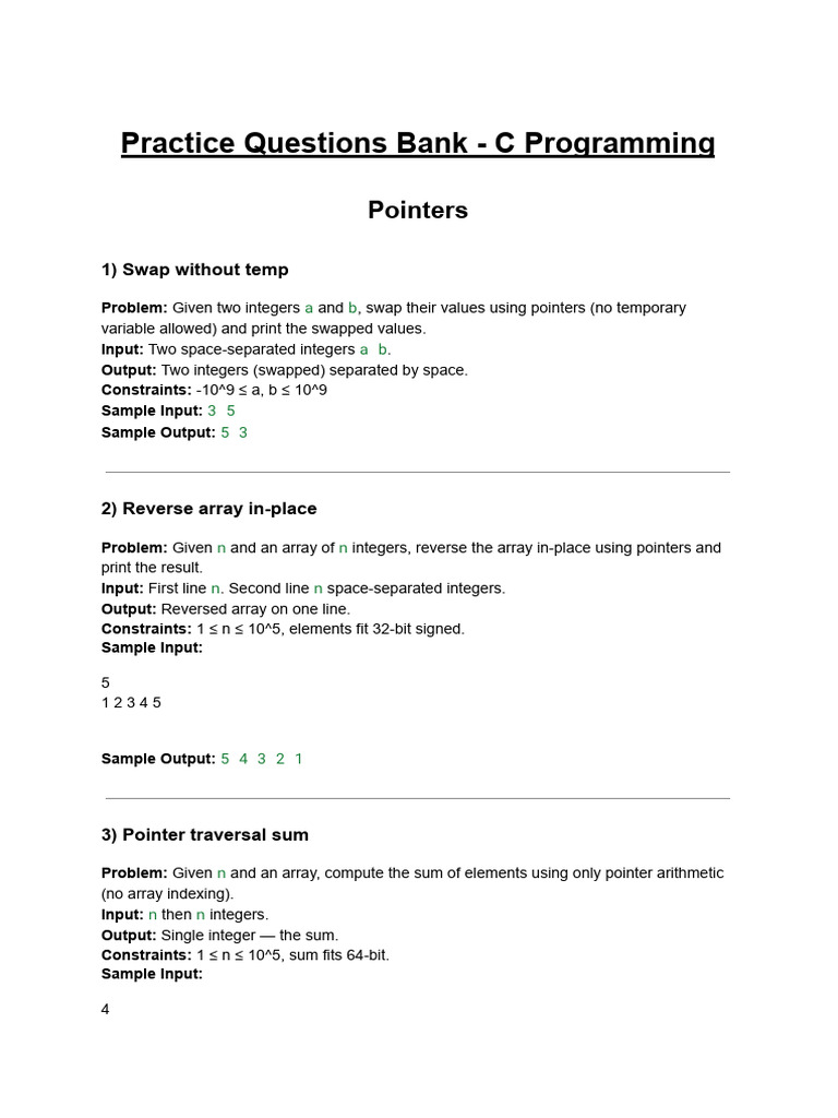 Practice Questions Bank - C Programming | PDF | Pointer (Computer ...