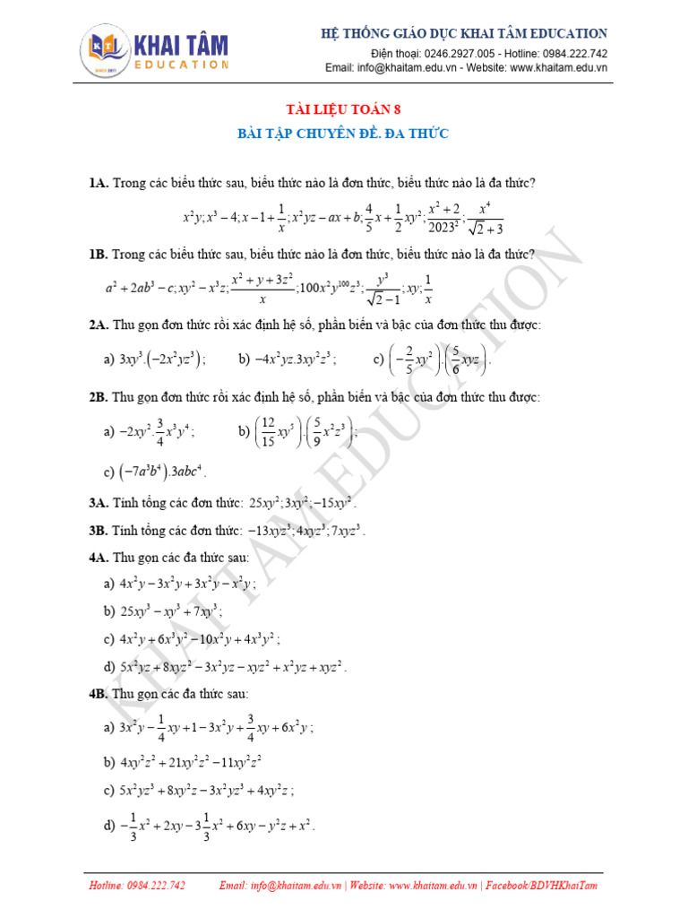 Tai Lieu Toan 8 Bai Tap Chuyen de Da Thuc-Khai Tam Education | PDF