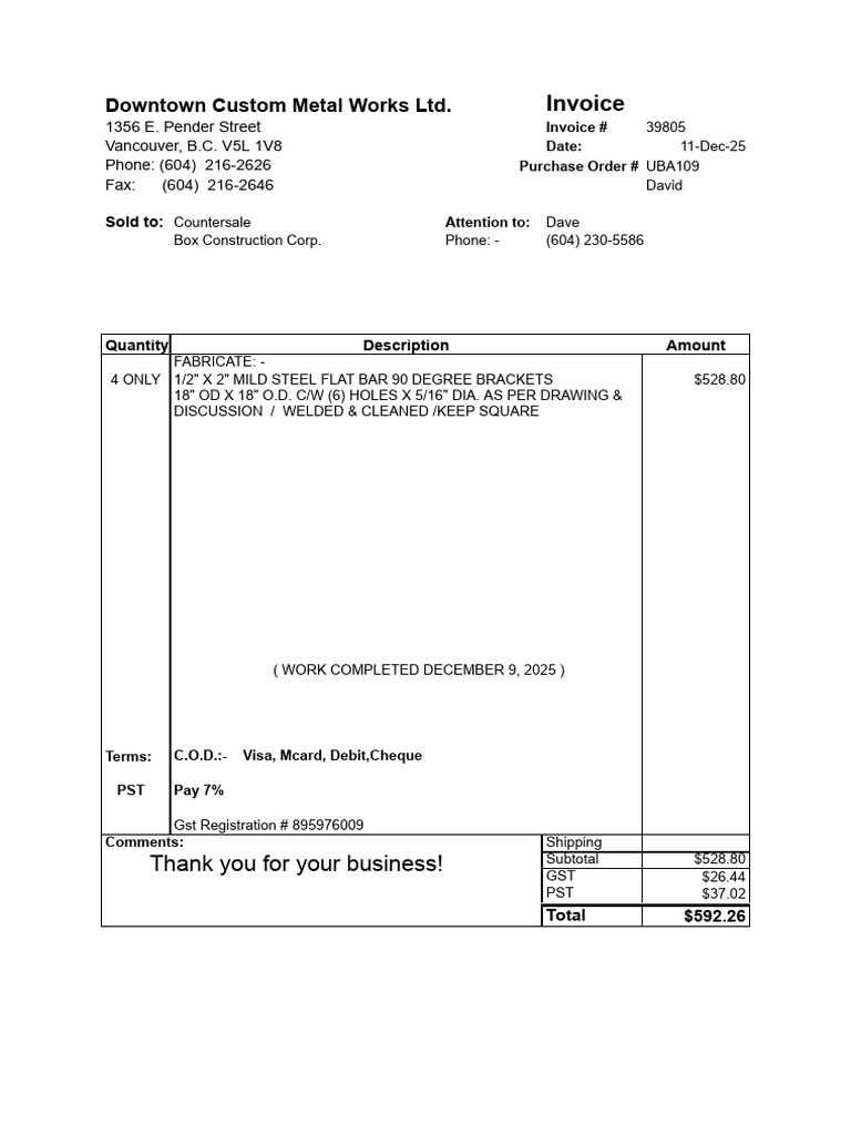 Downtown Custom Metal Works Invoice 39805 | PDF