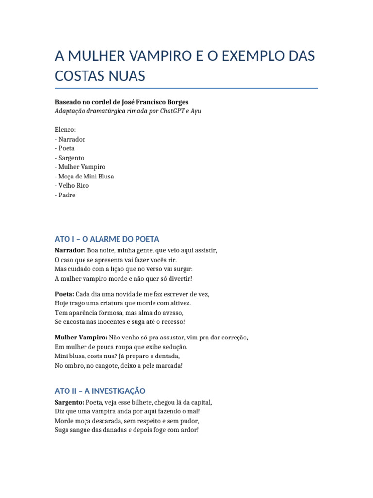 Peça_Teatral_Mulher_Vampiro_Ayu 2 | PDF | Vampiros