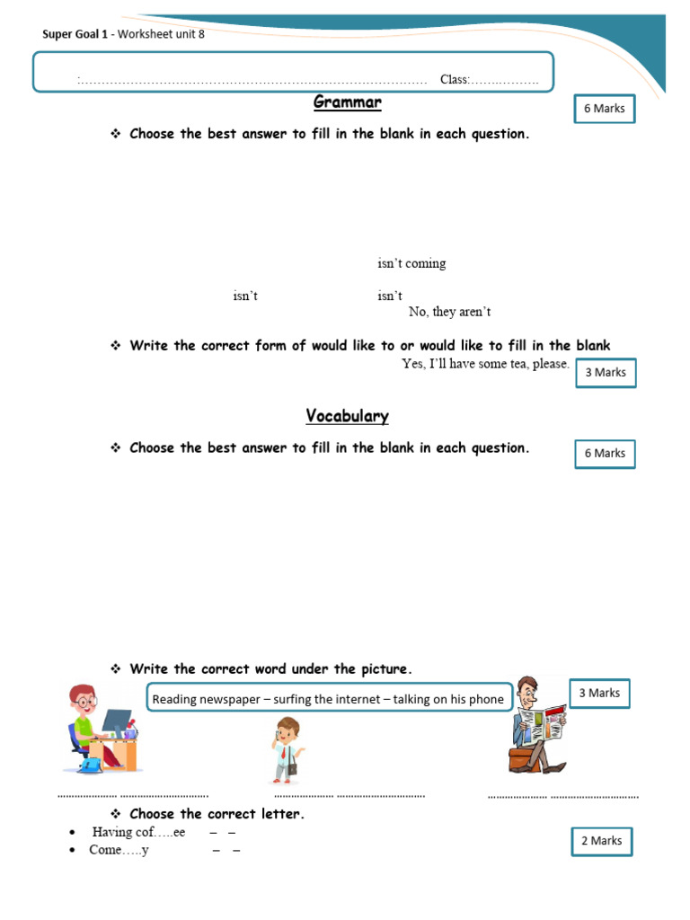 Super Goal 1 - Worksheet Unit 8 | PDF