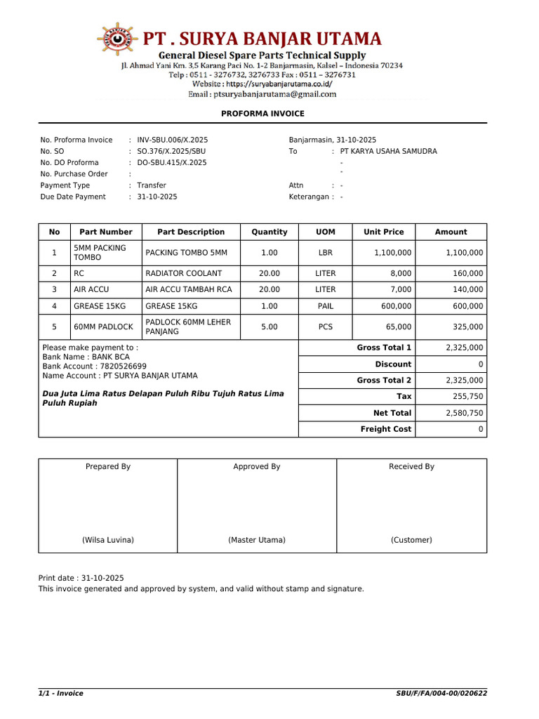 Proforma Invoice for PT Karya Usaha Samudra | PDF | Business Documents ...