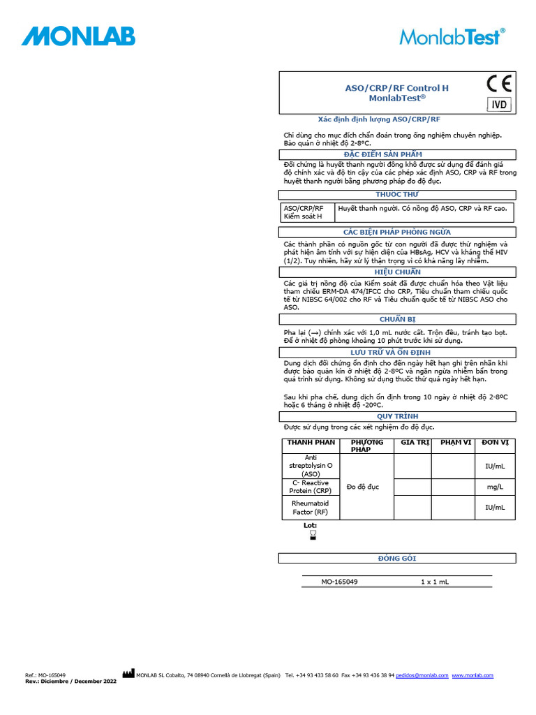IFU ASO CRP RF High Control Monlabtest | PDF