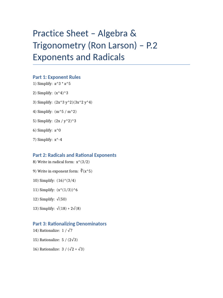 Practice Sheet P2 Exponents Radicals 2 | PDF
