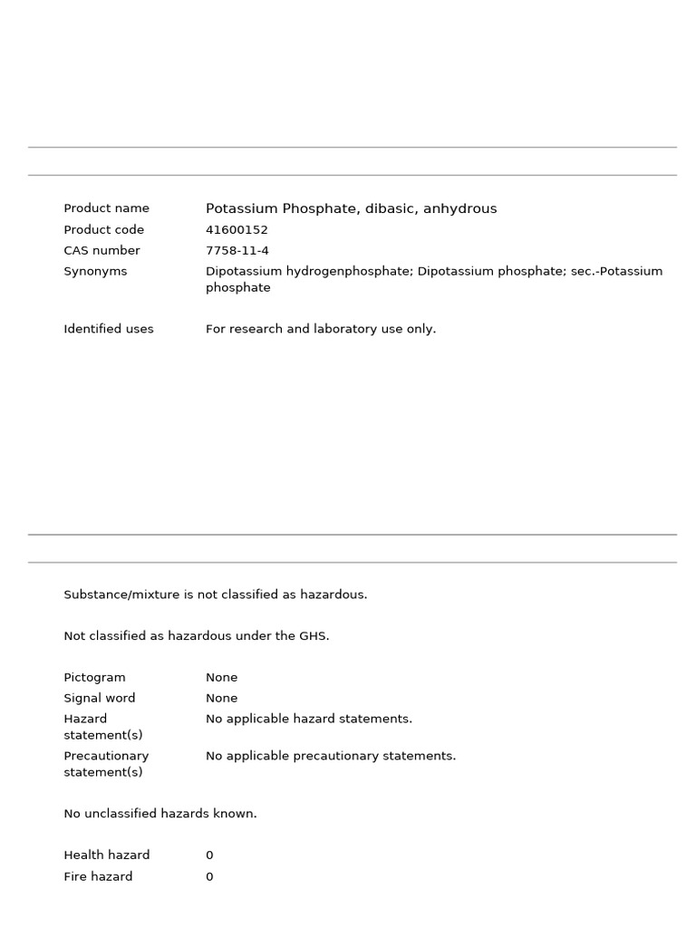 Potassium Phosphate Safety Data Sheet | PDF | Toxicity | Personal ...
