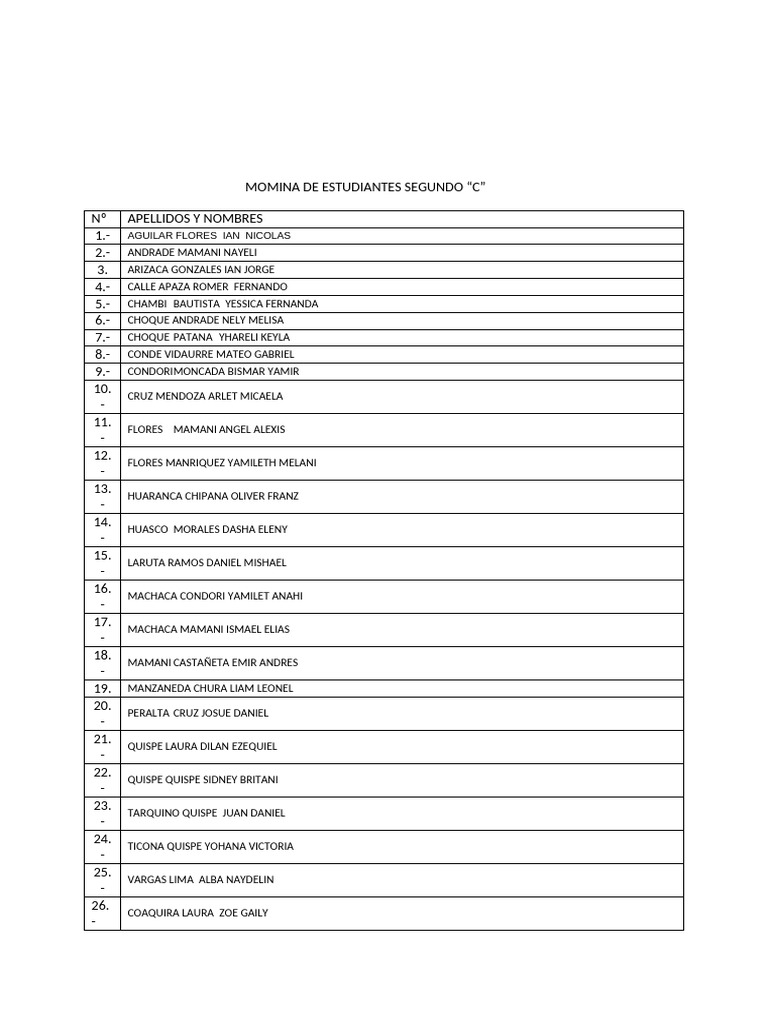 Nomina de Estudiantes Segundo C Nuevo | PDF