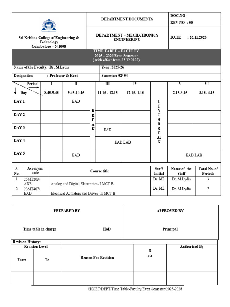 Time Table Faculty Individual 22.12.2025 (1) | PDF | Mechanical ...