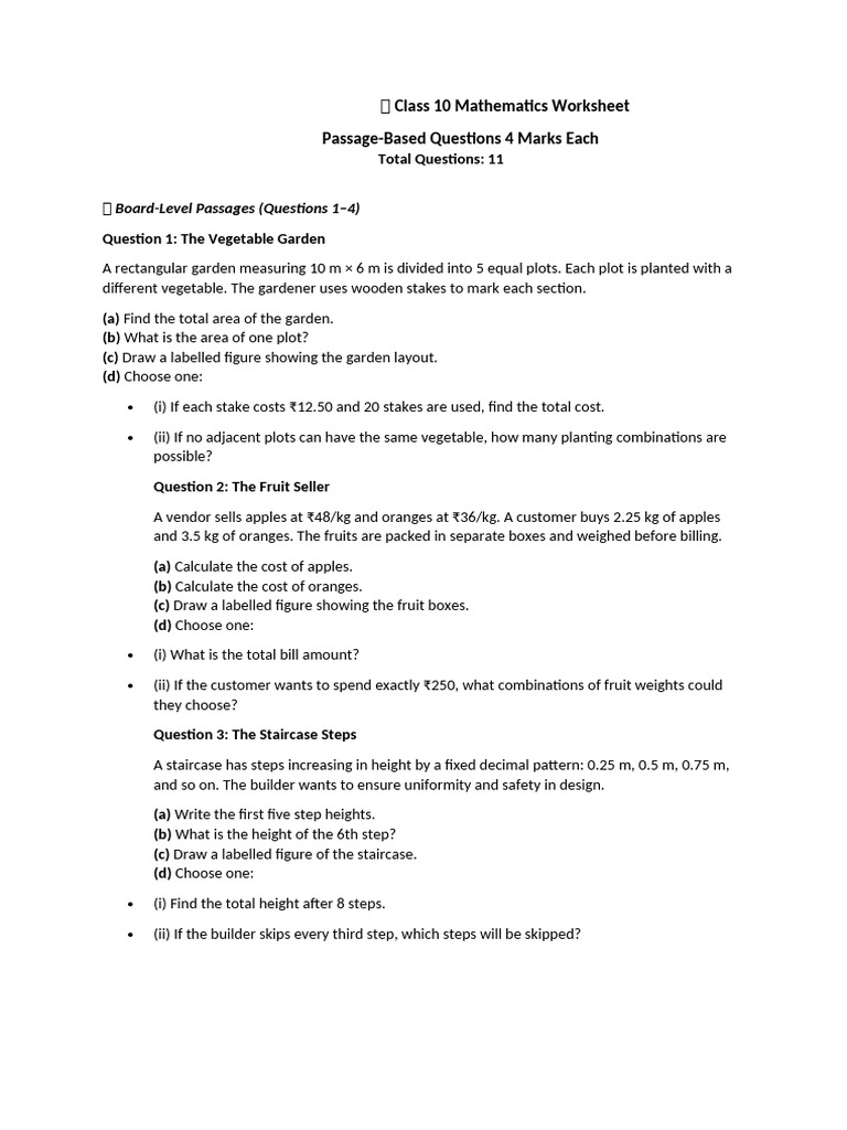 ? Class 10 Mathematics Worksheet | PDF | Area | Mathematics