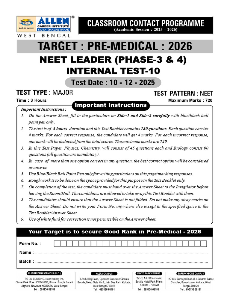 NEET 2026 Major Internal Test 10 Guide | PDF | Inductance | Waves