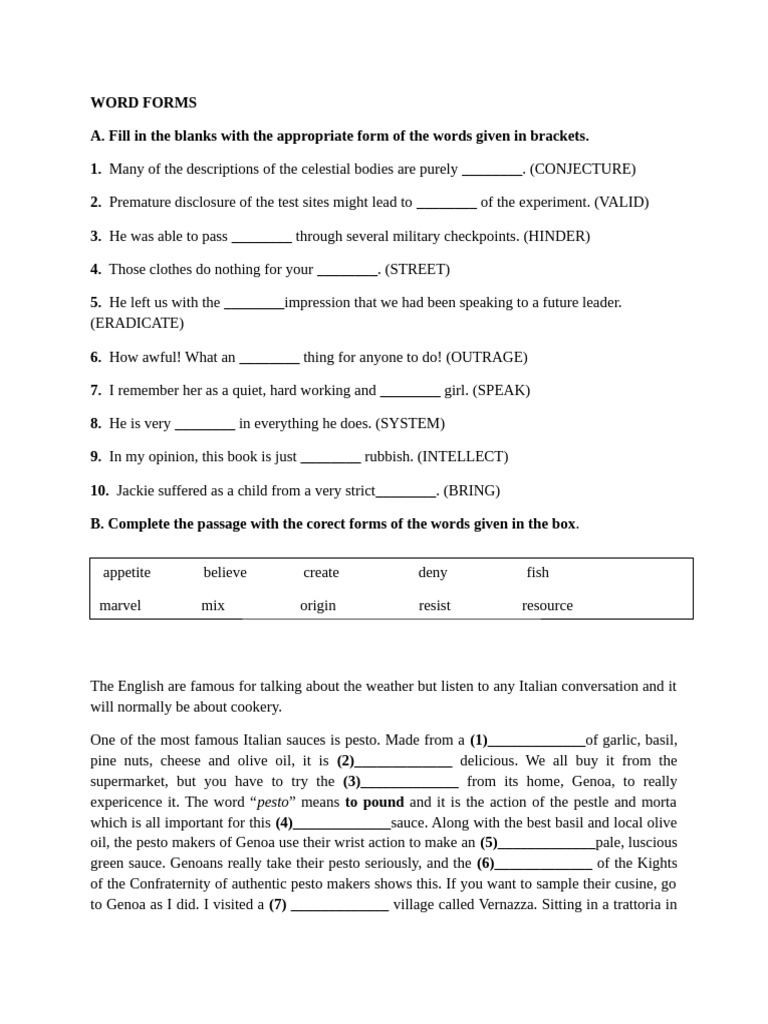 Word Forms Exercise and Answers | PDF | Pesto | Foods