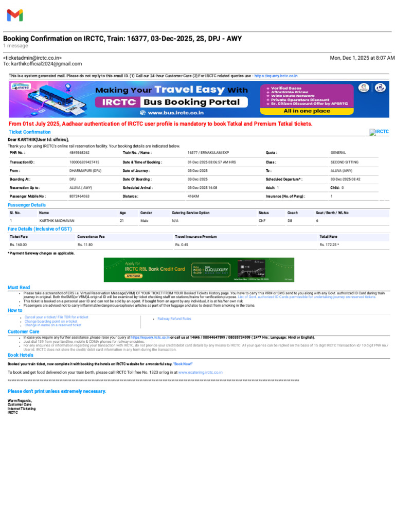 Gmail - Booking Confirmation on IRCTC, Train_ 16377, 03-Dec-2025, 2S ...
