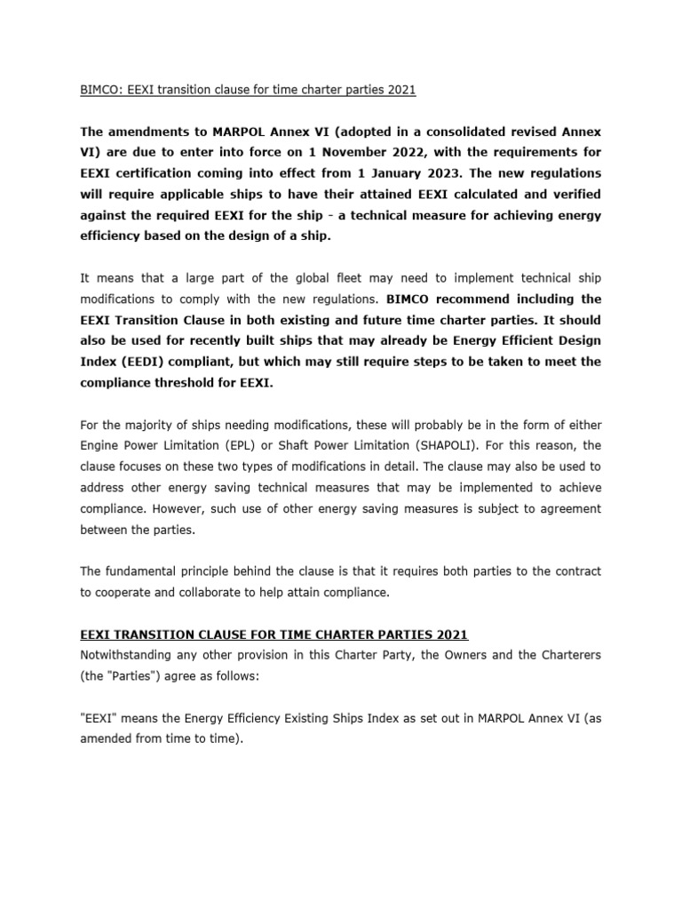 Eexi Transition Clause For Charter Parties | PDF | Regulatory Compliance