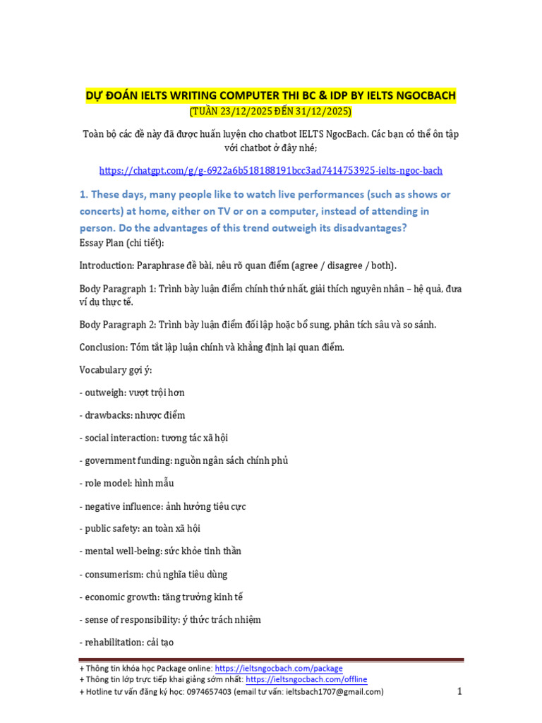 Dự Đoán Ielts Writing Computer BC - Idp Tuần 4 - by Ngocbach | PDF