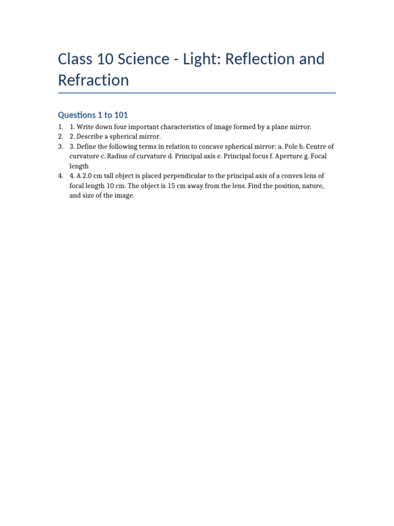 Class10 Light Reflection Refraction Questions 1 to 101 | PDF