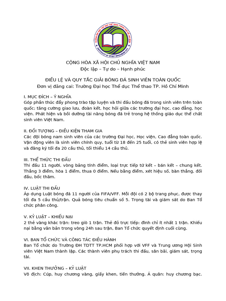 Dieu Le Giai Bong Da Sinh Vien Toan Quoc TDTT TPHCM Hoan Chinh | PDF