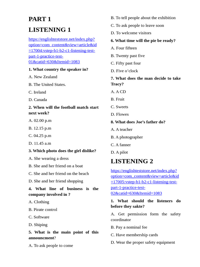 VSTEP B1-B2-C1 Listening Practice Tests | PDF | Libraries | Zoo