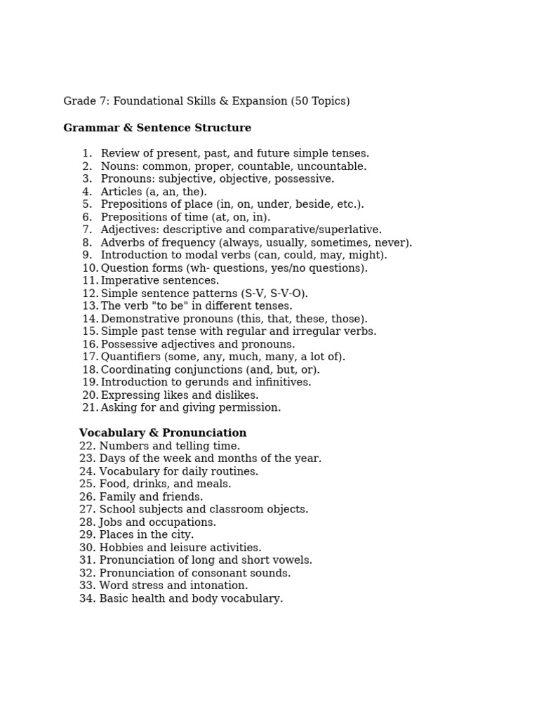 Grade 7-9 English Skills Curriculum | PDF | Verb | Grammatical Tense