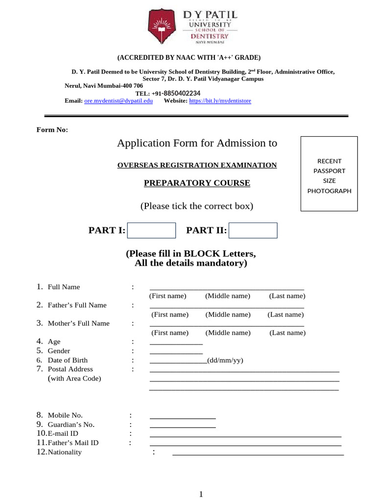 ORE Preparatory Course Admission Form | PDF | Dental Degree