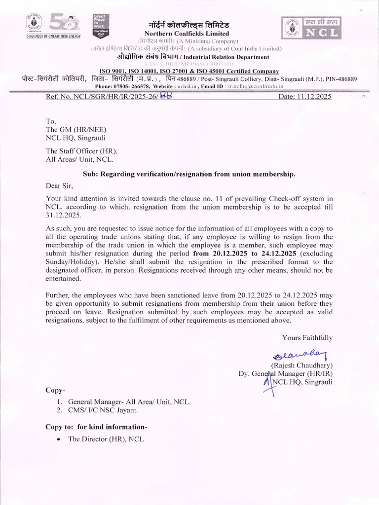 Union Verification - Resignation 2025 | PDF