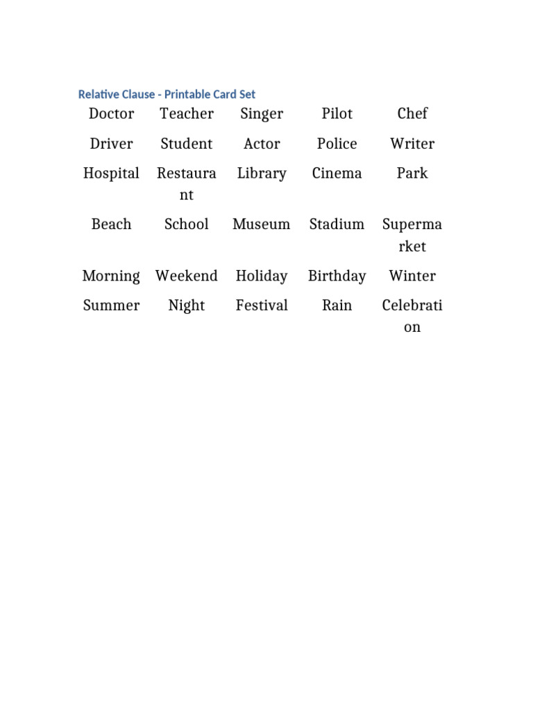 Relative Clause Cards Printable | PDF