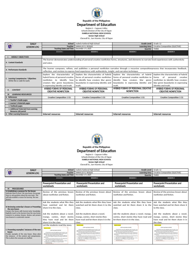 Grade 12 Creative Nonfiction Lesson Plan | PDF | Learning | Creative ...