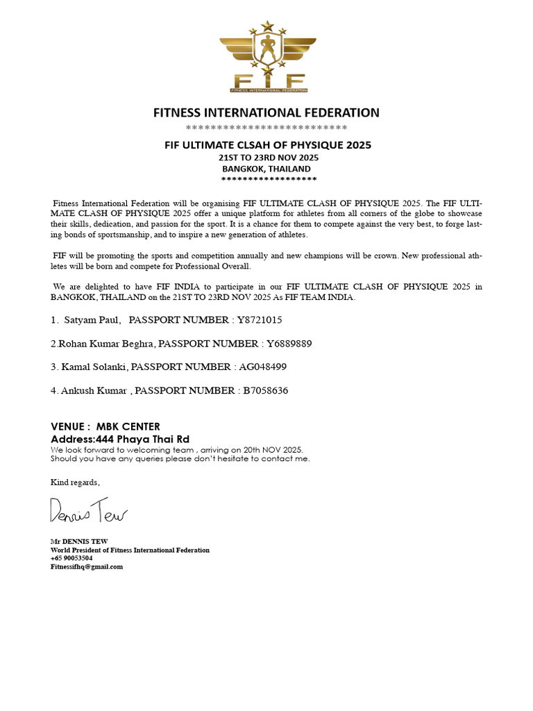 Fif Ultimate Clash of Physique 2025 Invitation Letter Fif India | PDF