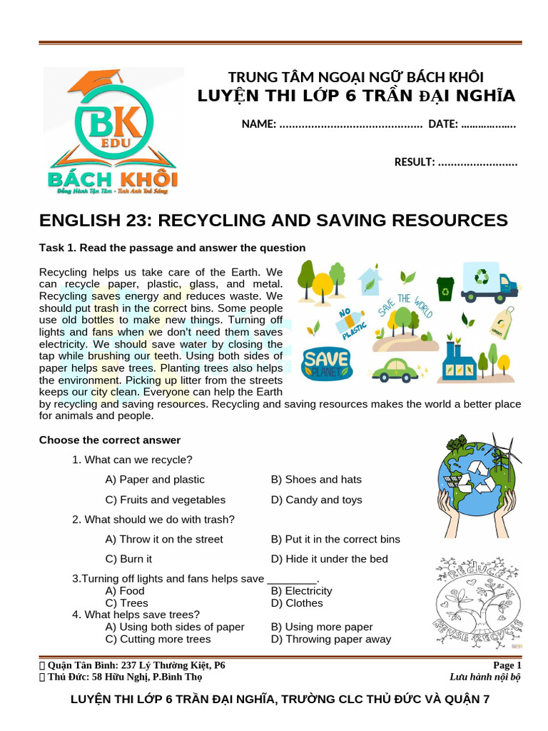 Gr3 English 23 Recycling and Saving Resources | PDF