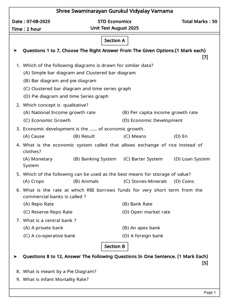 Std 12 Economics Unit Test | PDF | Money | Central Banks