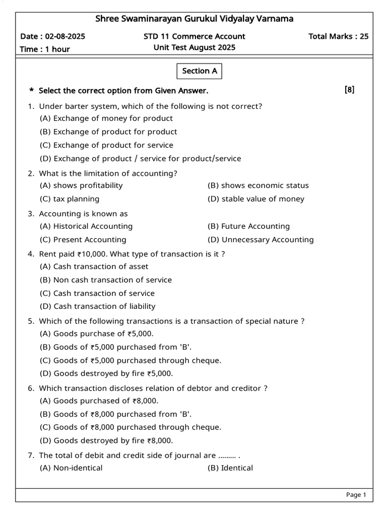 Std 11 Account Unit Test | PDF | Debits And Credits | Financial Services