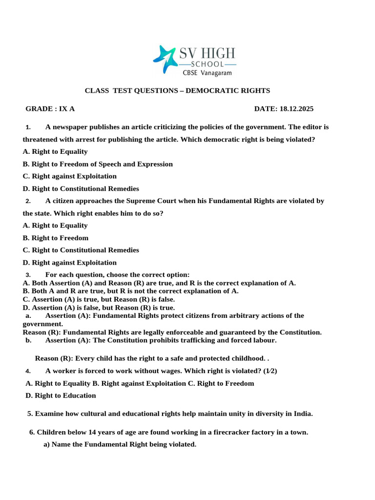 Class Test - Democratic Rights | PDF
