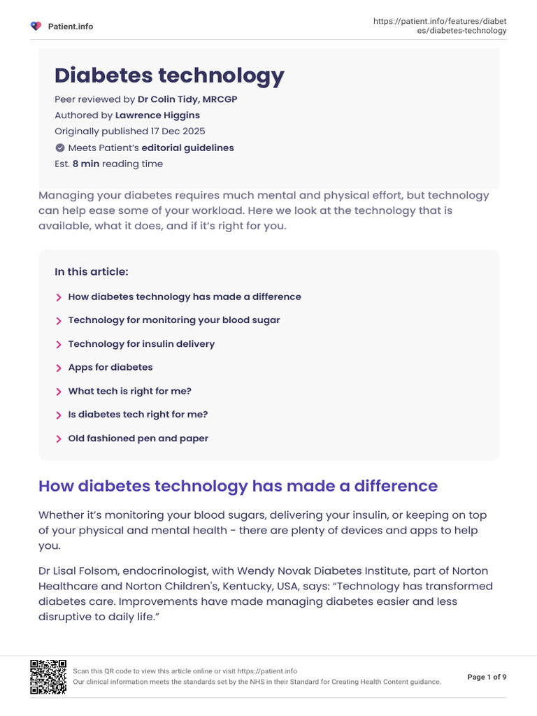 Diabetes Technology: Tools for Management | PDF | Diabetes | Disorders ...