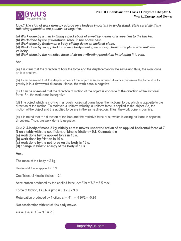 NCERT Solutions For Class 11 Physics Chapter 6 - Work Energy and Power ...