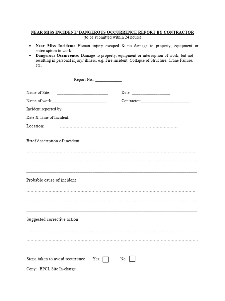 f9 Near Miss Incident Dangerous Occurrence Report by Contractor | PDF