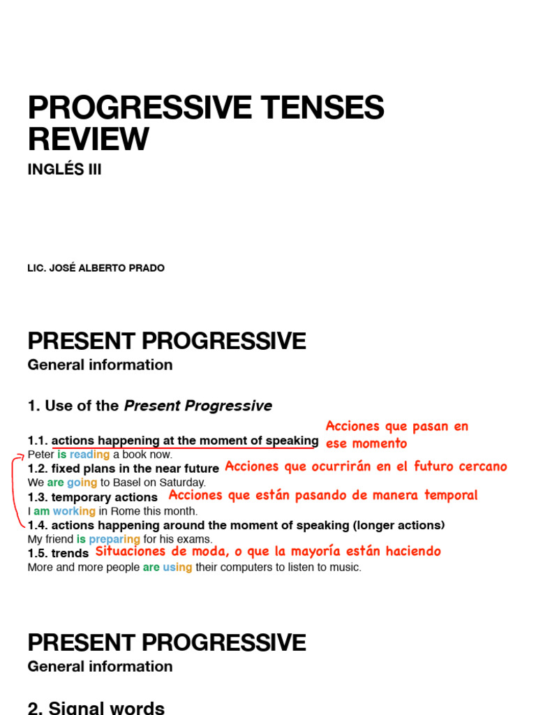 Progressive Tenses Review Guide | PDF | Linguistics | Syntax