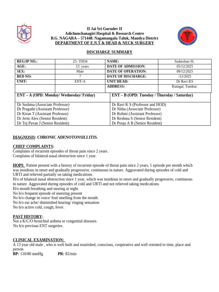 Discharge Summary: Adenotonsillectomy | PDF | Human Nose | Human Head ...