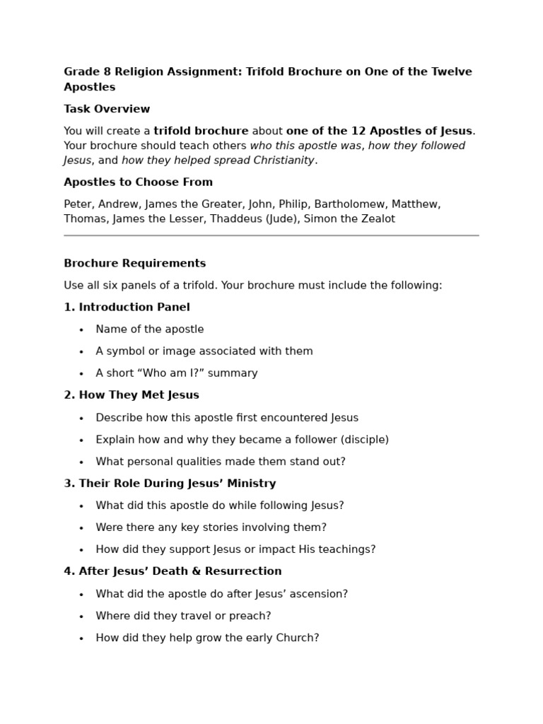 Grade 8 Apostle Brochure Project Guide | PDF | Jesus | Early Christianity