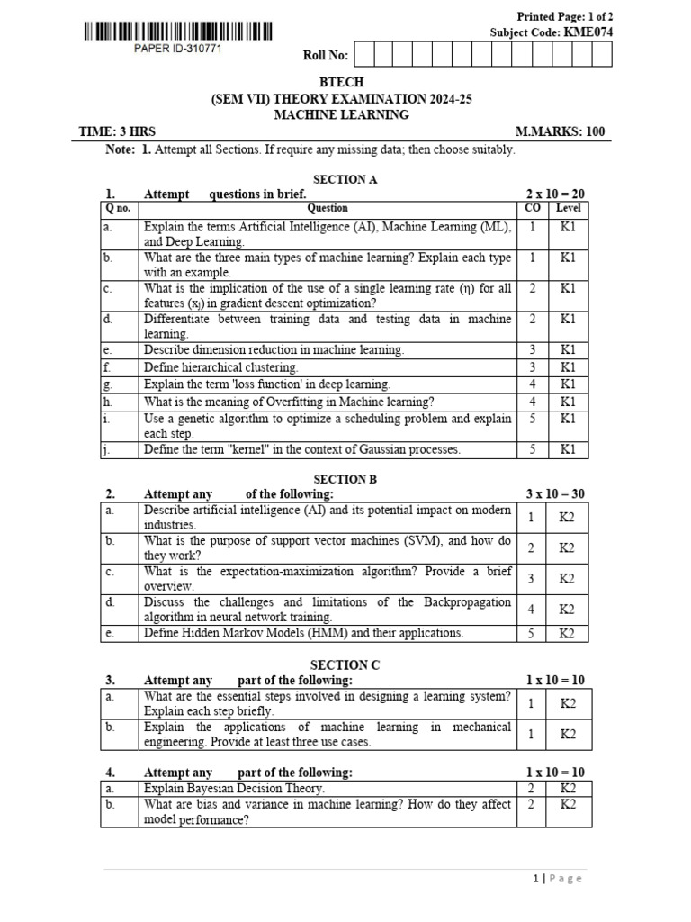 Kme074 Machine Learning | PDF | Machine Learning | Support Vector Machine