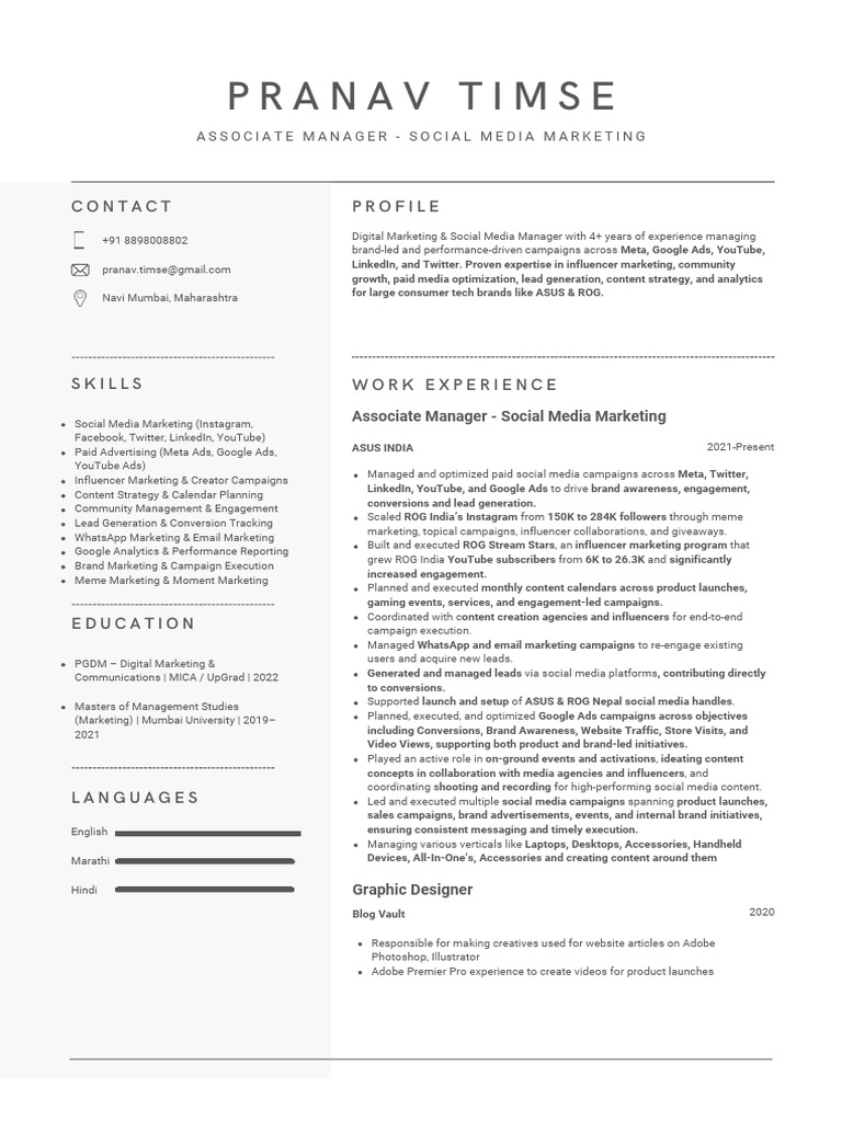 Pranav Timse Resume Associate Manager Digital Marketing | PDF | Social ...