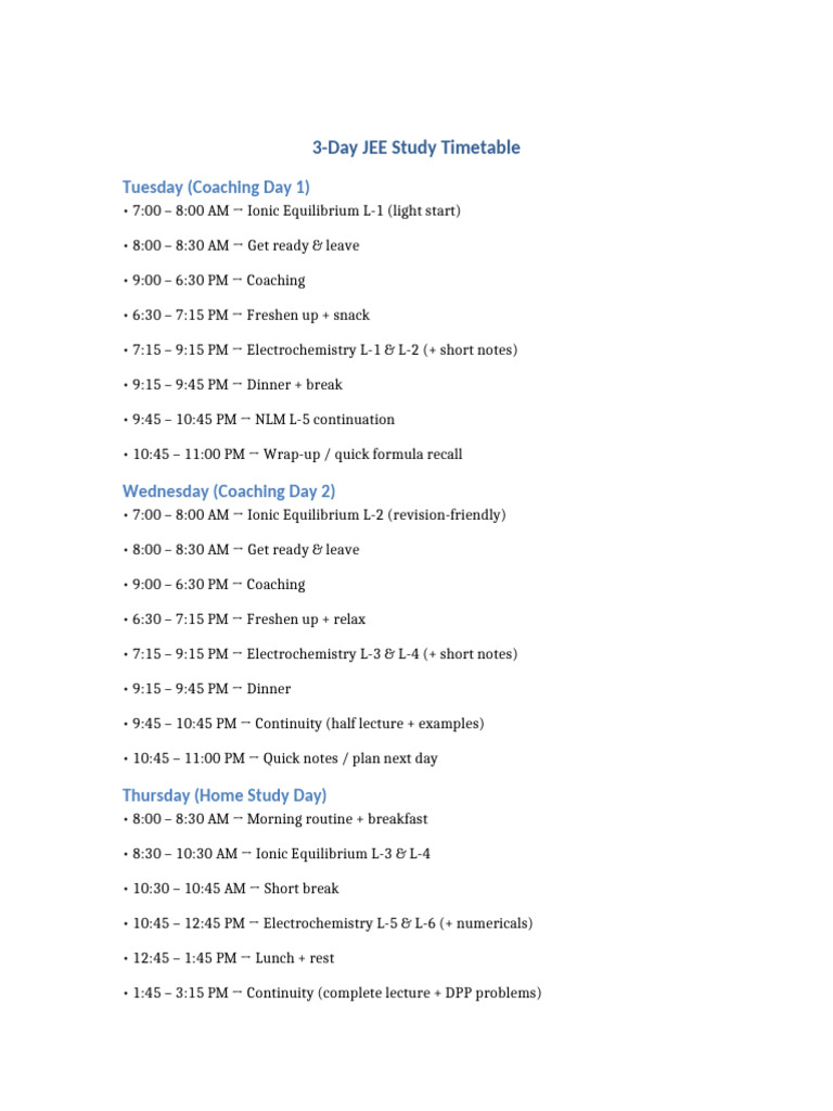 3 Day JEE Timetable | PDF