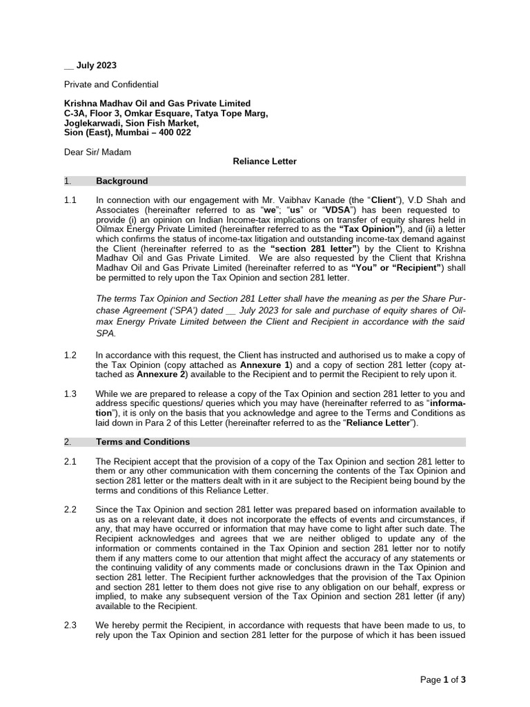Reliance letter | PDF | Damages | Common Law