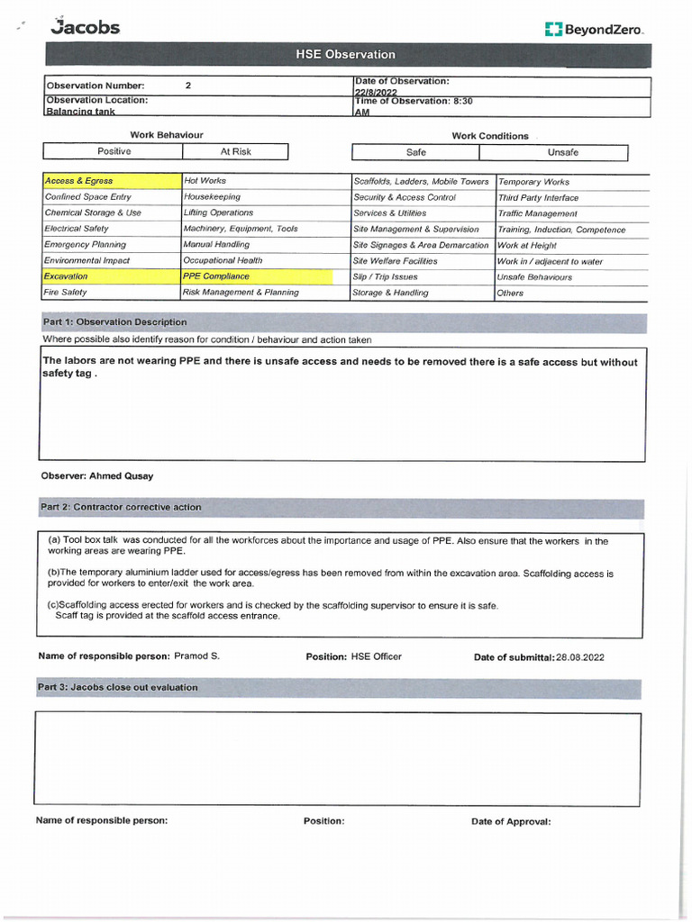 HSE Observation Report No. 002 (Closeout Report) | PDF
