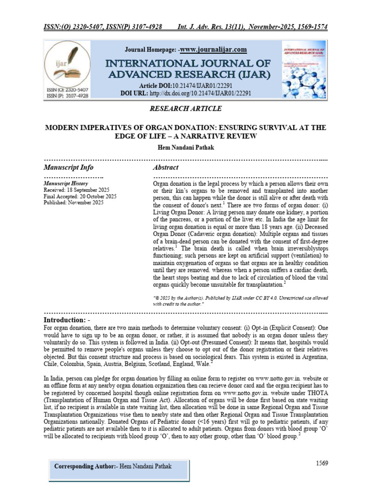MODERN IMPERATIVES OF ORGAN DONATION: ENSURING SURVIVAL AT THE EDGE OF ...