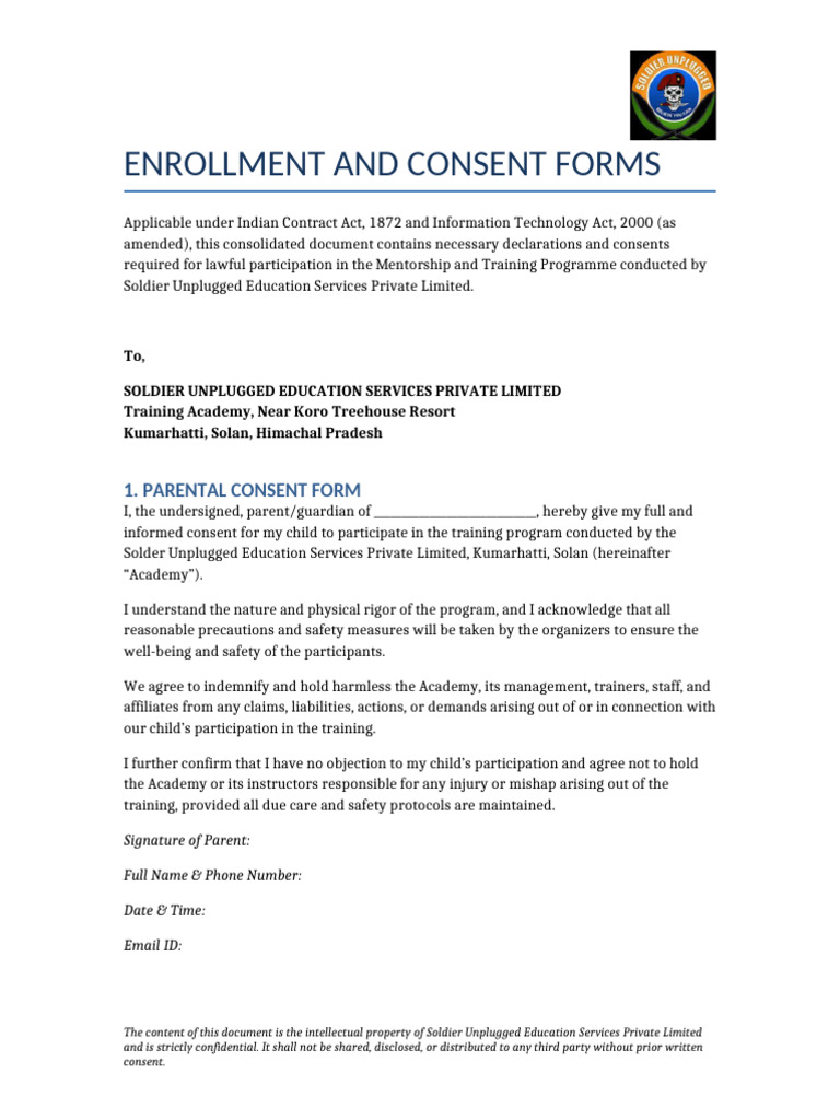 Enrollment & Consent Forms for Training | PDF | Indemnity | Justice